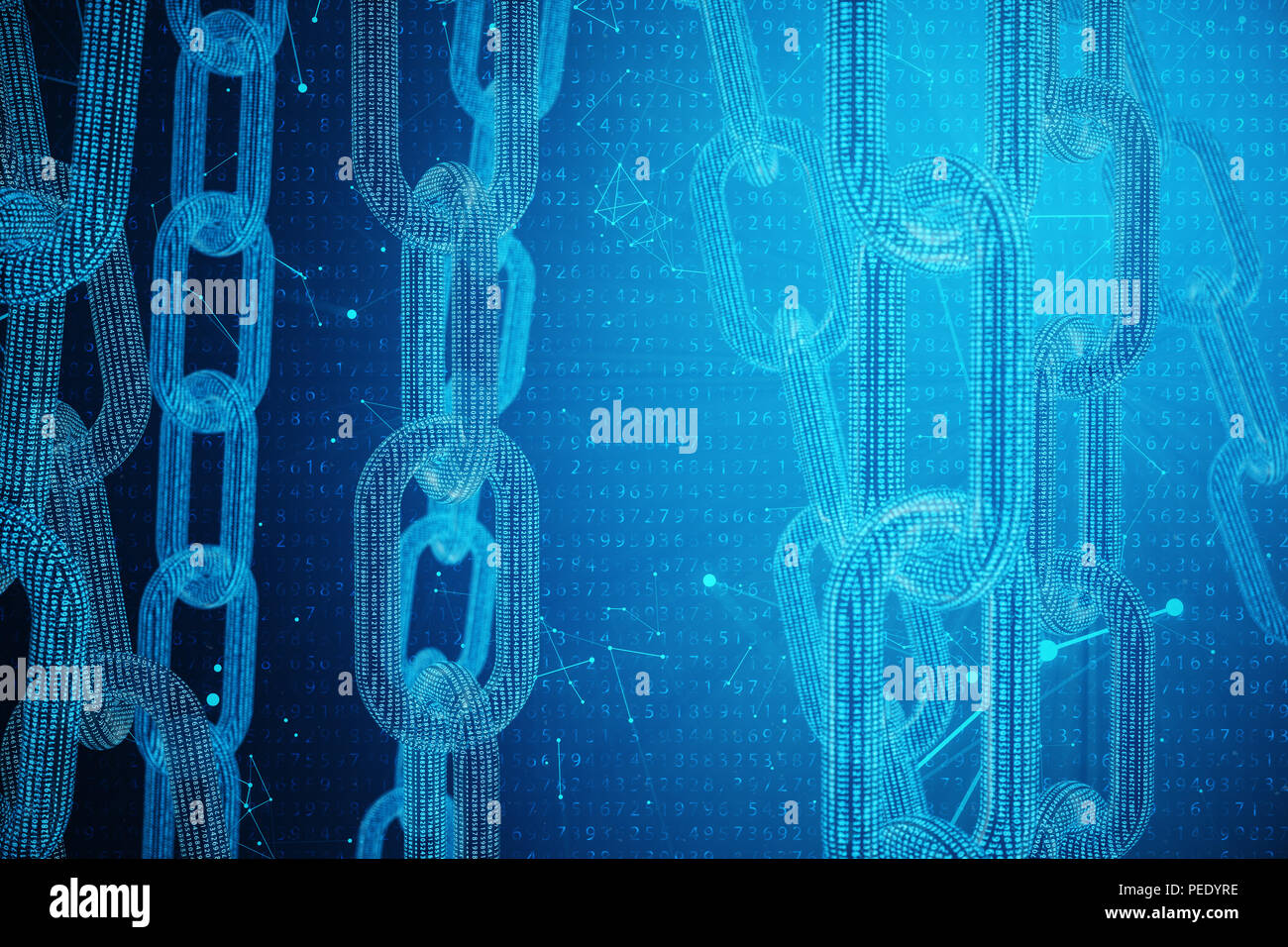 3D illustration digital block chain code. Low polygonal grid of triangles glowing in blue dot ...