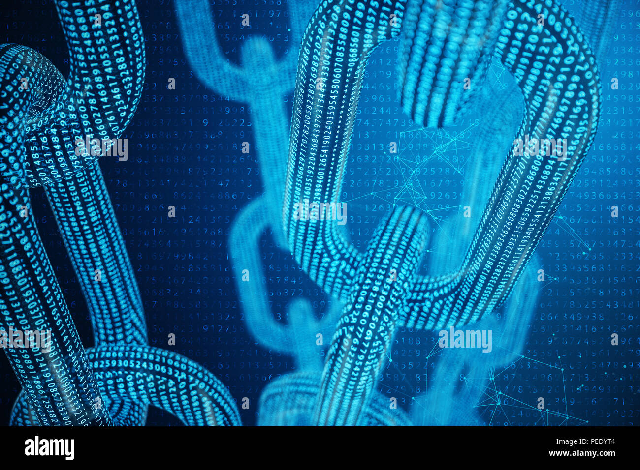 3D illustration digital block chain code. Low polygonal grid of triangles glowing in blue dot ...