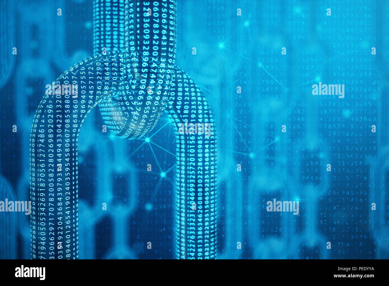 3D illustration digital block chain code. Low polygonal grid of triangles glowing in blue dot ...