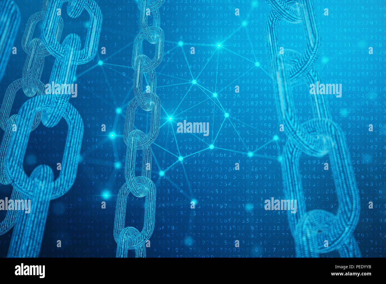 3D illustration digital block chain code. Low polygonal grid of triangles glowing in blue dot ...