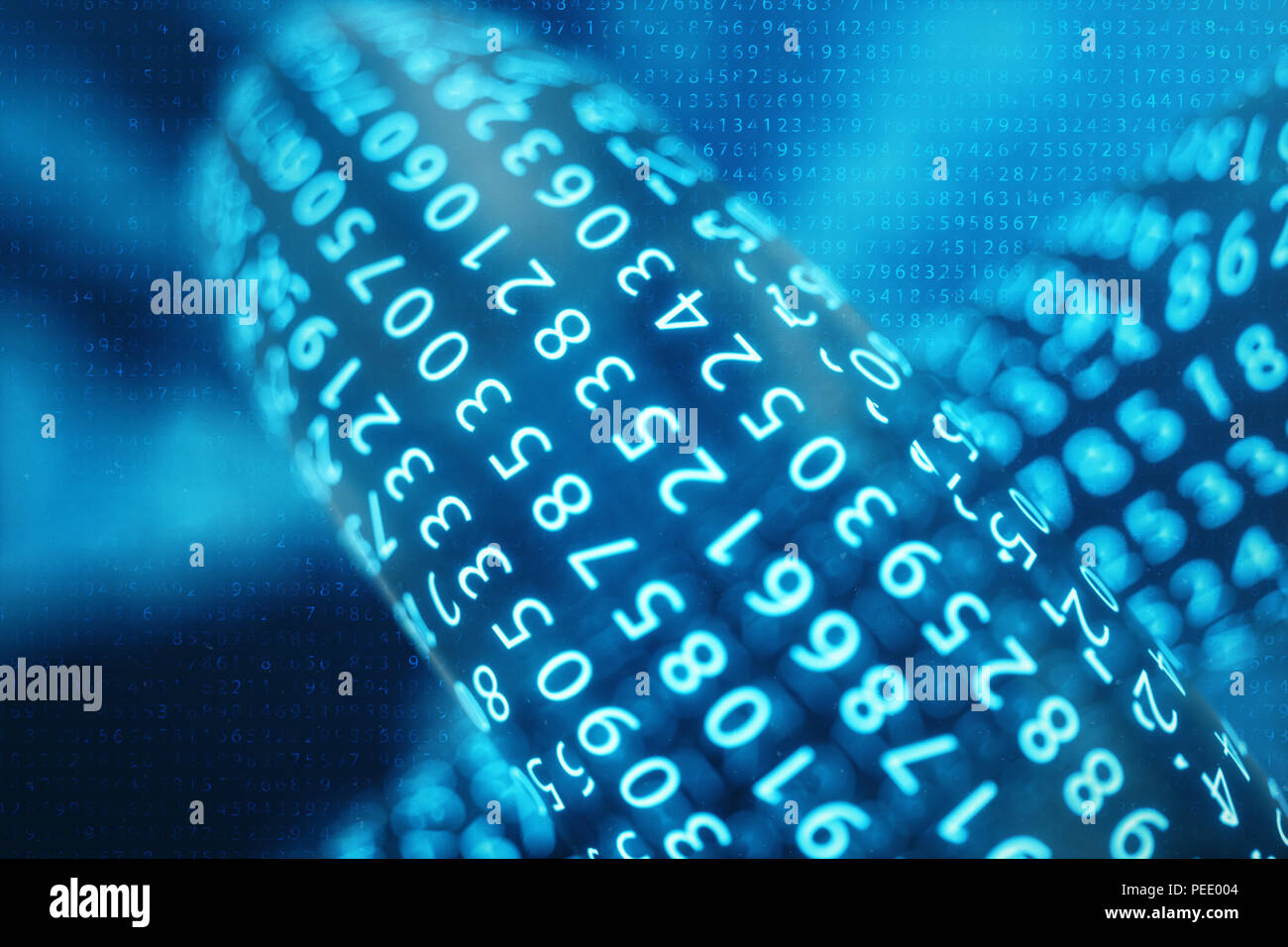 3D illustration digital block chain code. Low polygonal grid of triangles glowing in blue dot ...