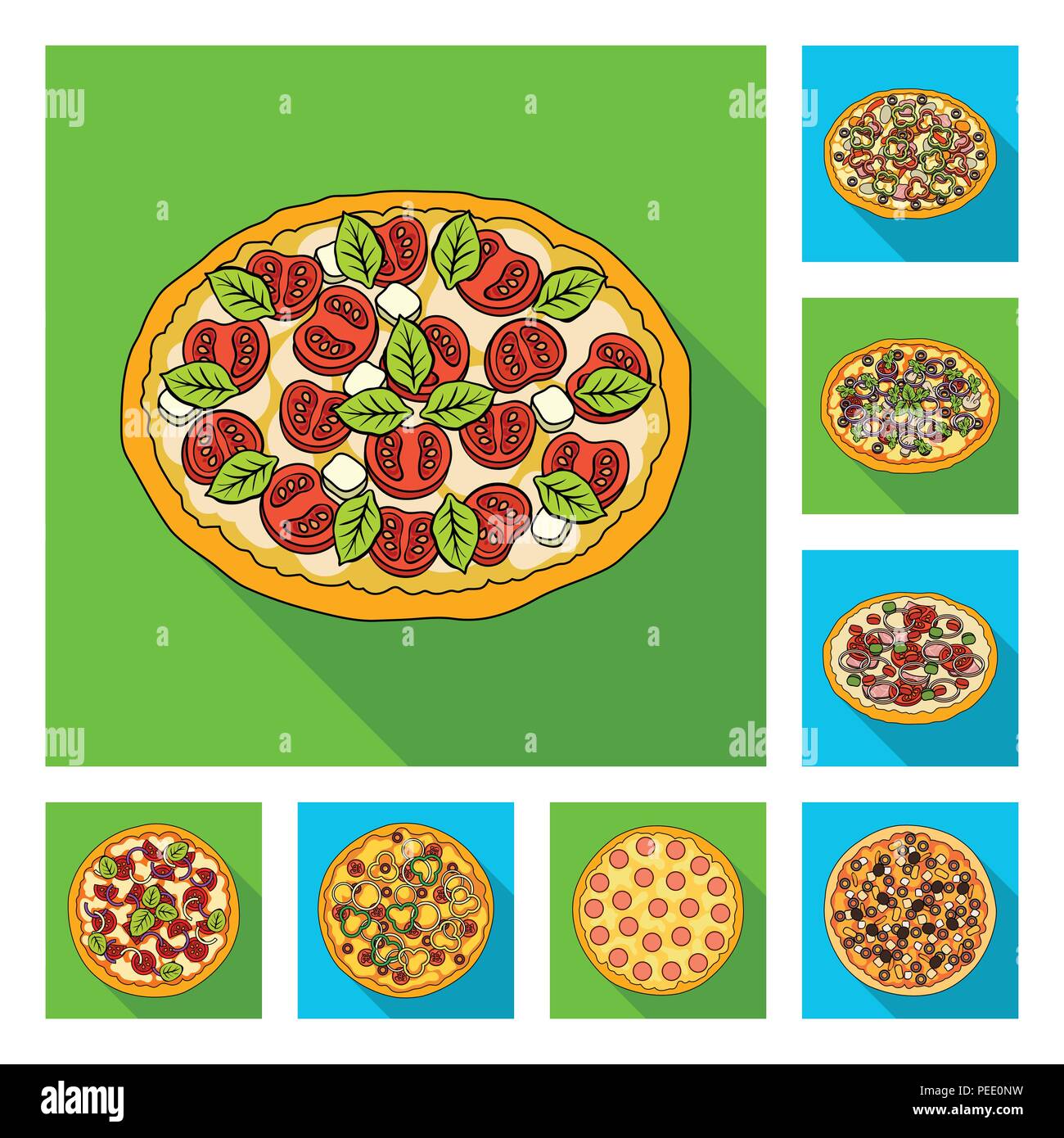 Different pizza flat icons in set collection for design.Pizza food ...