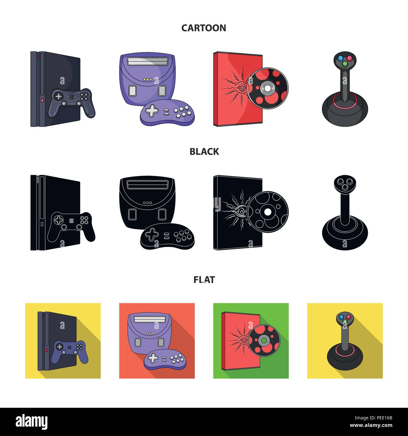 Game console, joystick and disc cartoon,black,flat icons in set collection for design.Game ...
