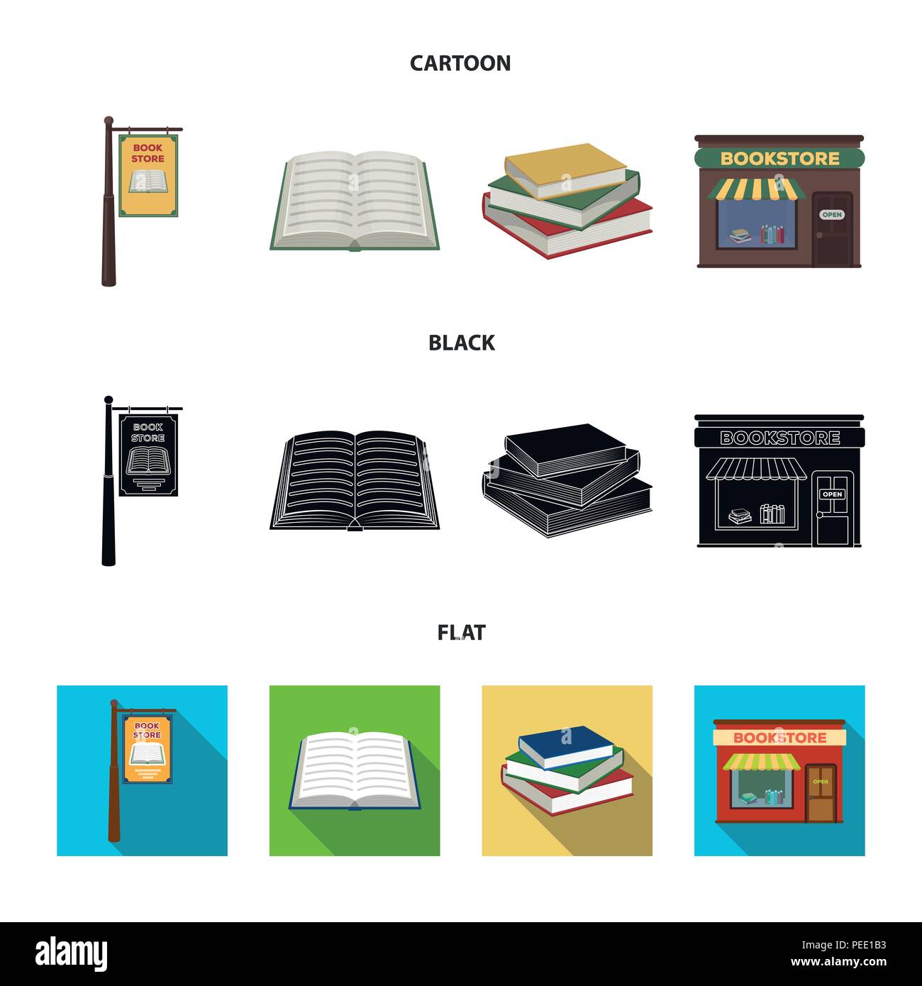 A signboard, a bookstore, a stack of books, an open book. A library and ...