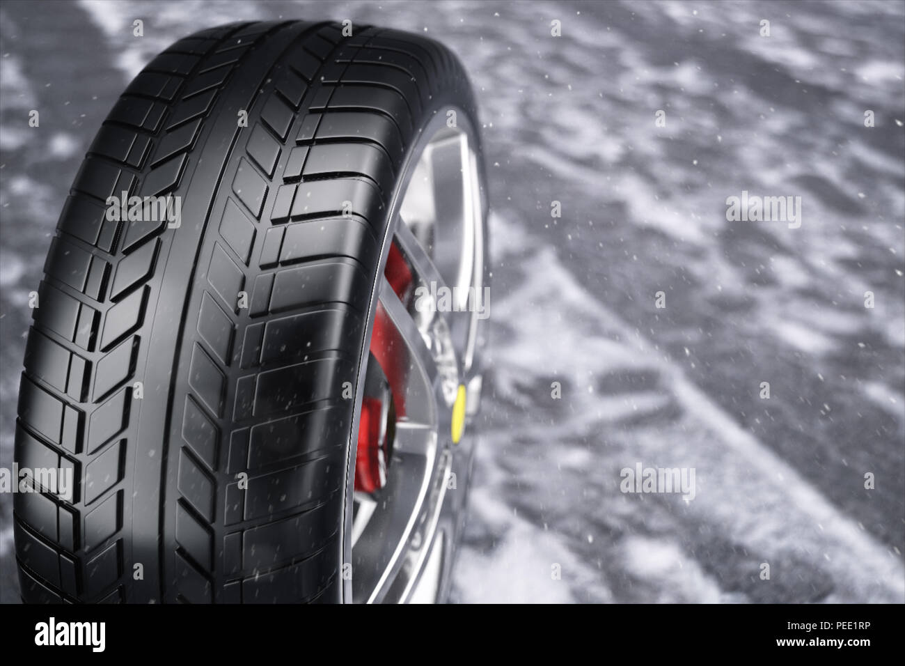 Car wheel, car tire standing on a road. Concept winter tyres. Winter ...