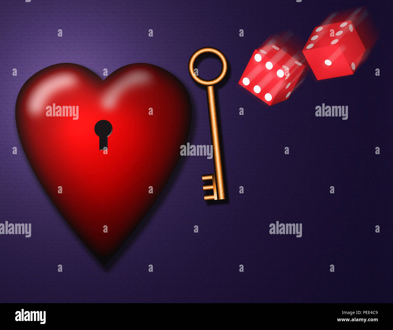 Heart with keyhole. Golden key and dice Stock Photo - Alamy