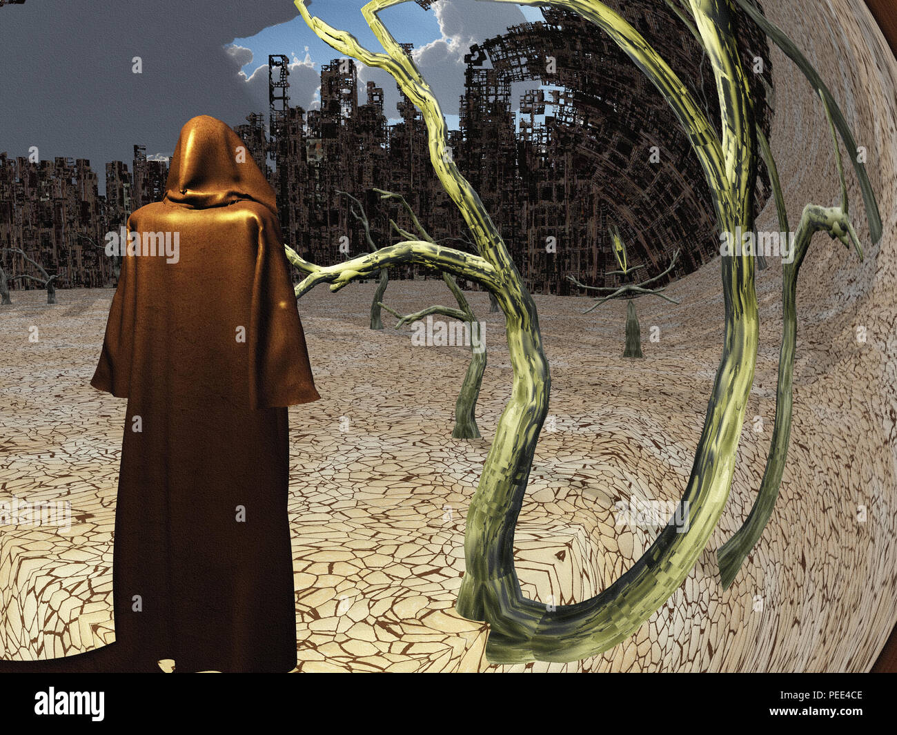 Robed figure before destroyed city Stock Photo - Alamy