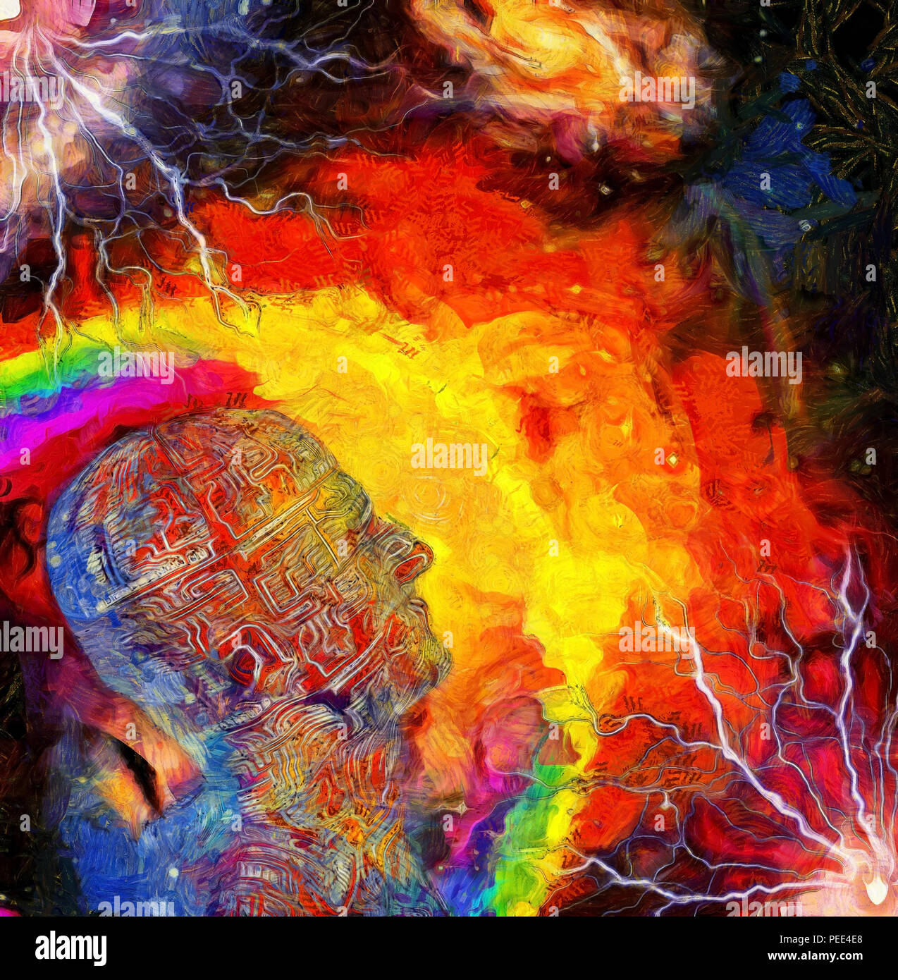 Surreal painting. Transparent head with electric circuit pattern ...