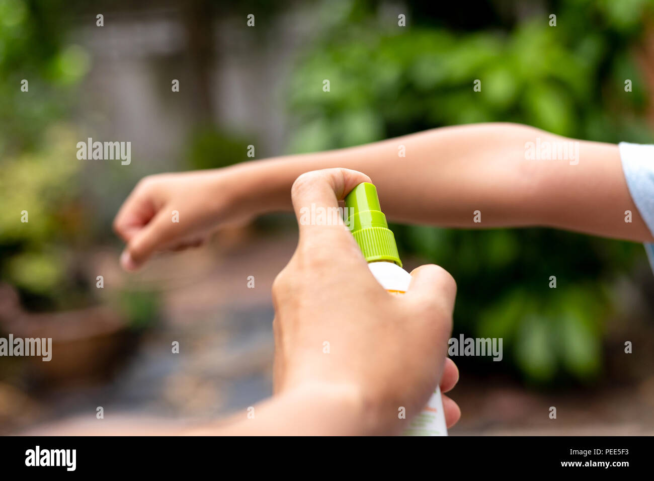Father spraying insect repellents on his son arm in the garden Stock ...
