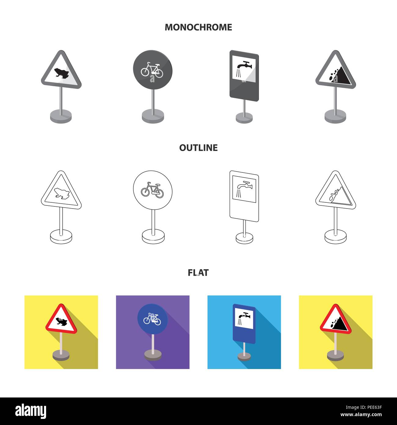 Different types of road signs flat,outline,monochrome icons in set ...