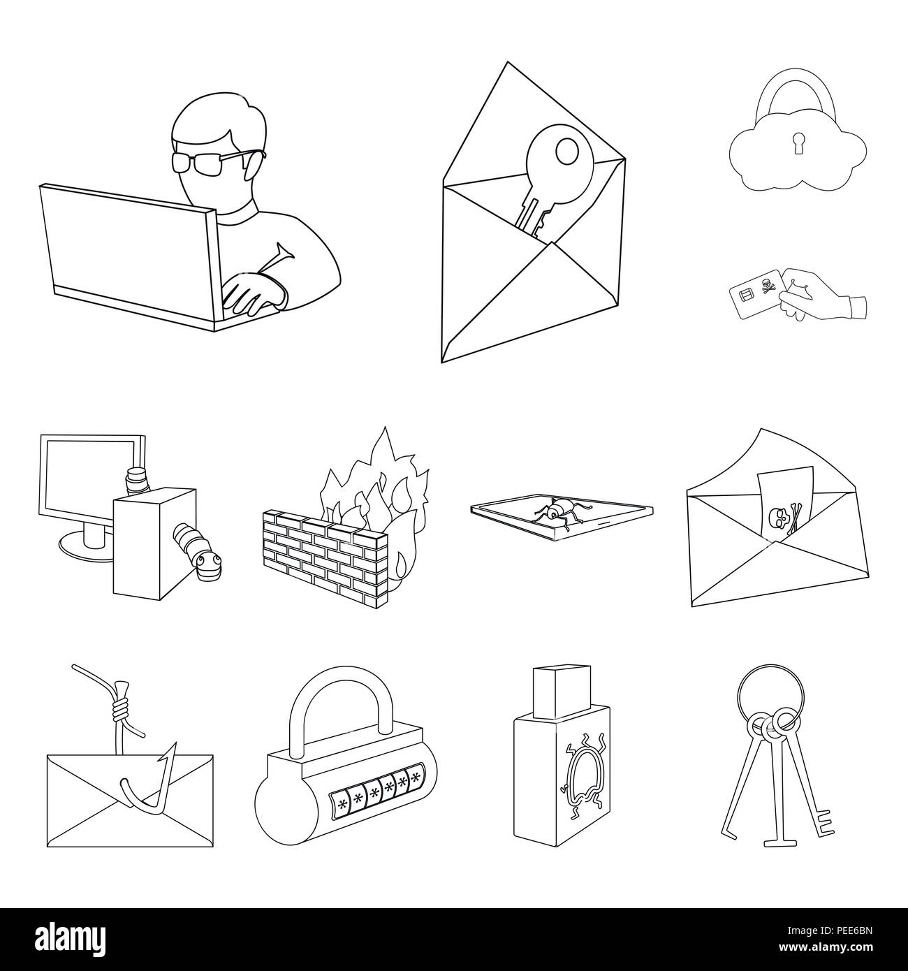 Hacker and hacking outline icons in set collection for design. Hacker and equipment vector ...
