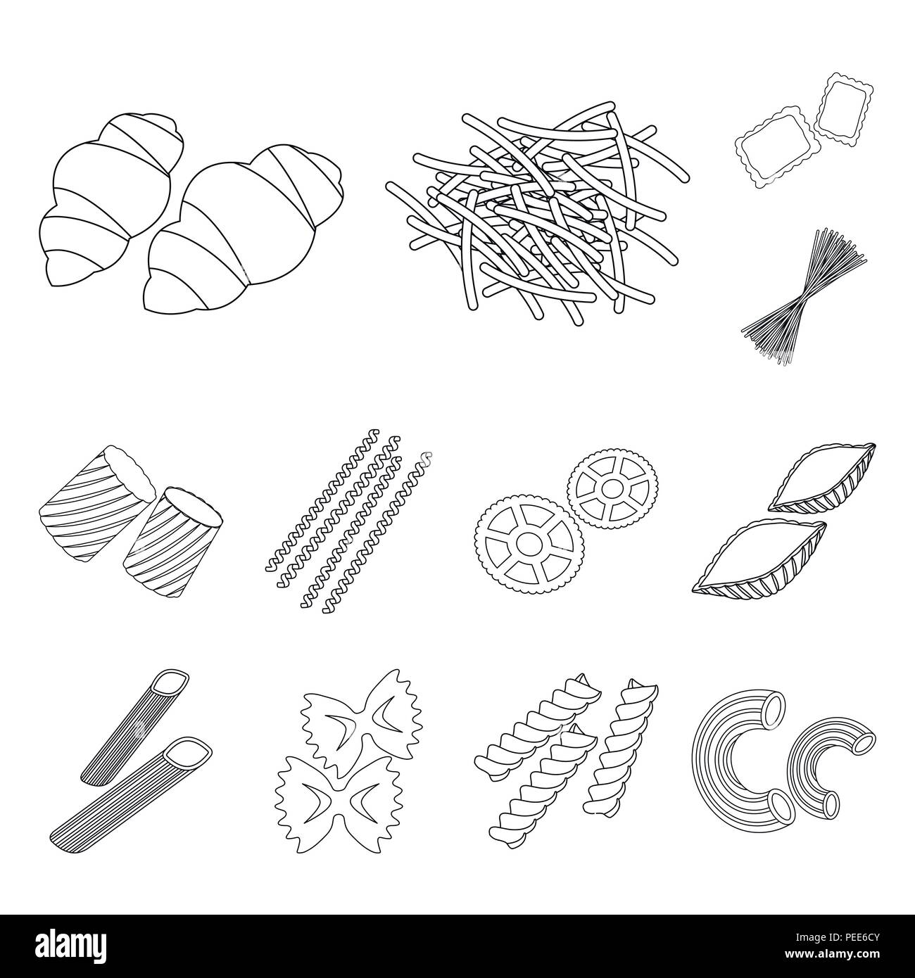 Types of pasta outline icons in set collection for design. Figured ...