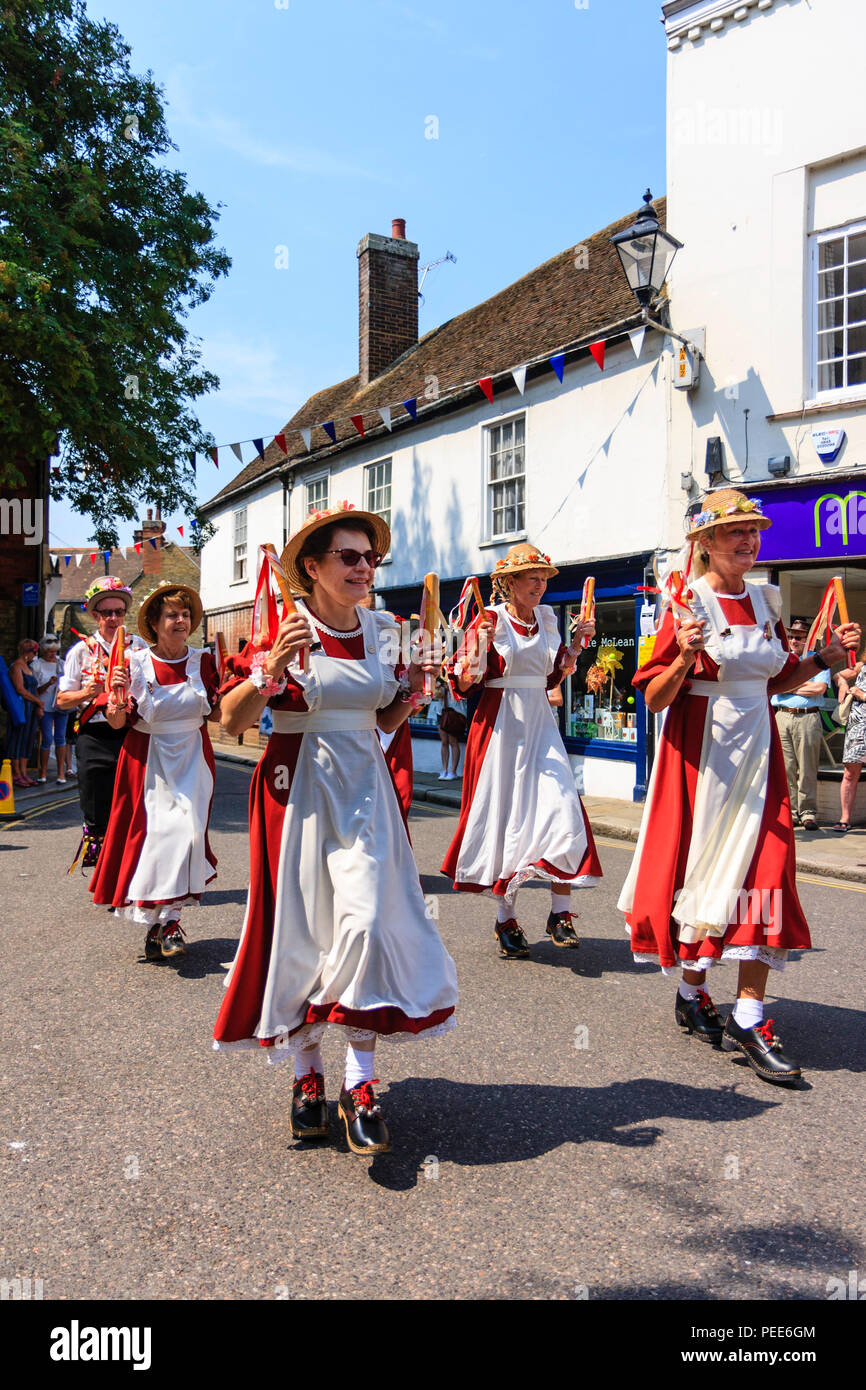 Traditional English folk dancers, women of the Rising Larks morris team ...