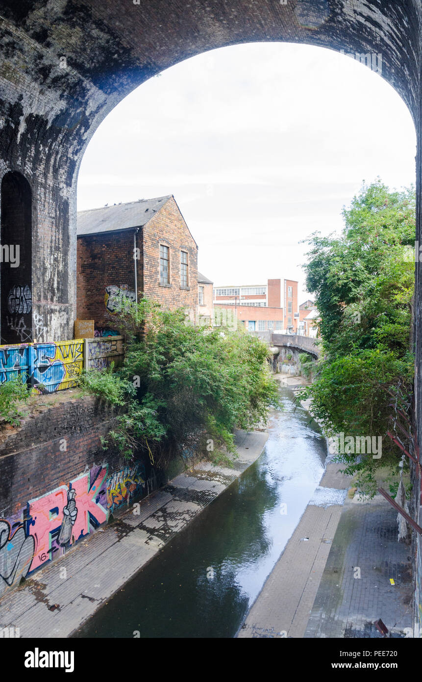 Railway viaduct running over the River Rea in Digbeth near the Custard ...