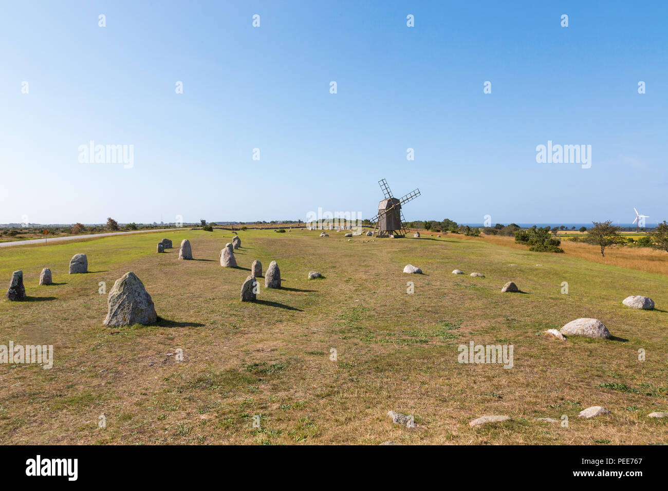 Ancient monuments with stone ship and a windmill Stock Photo - Alamy