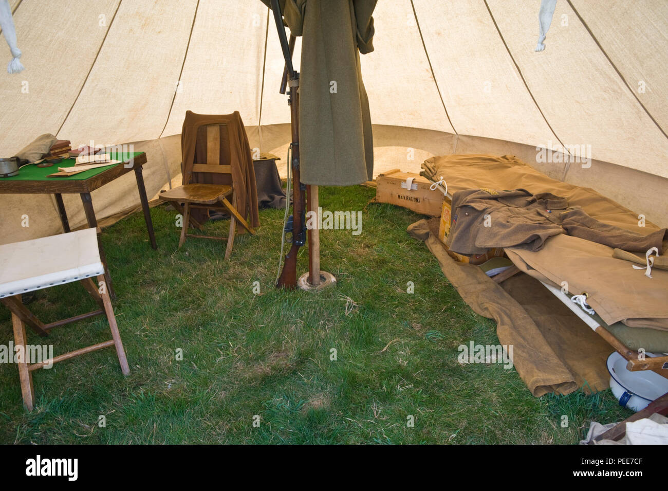 World War One living history reenactment interior of officers tent at ...