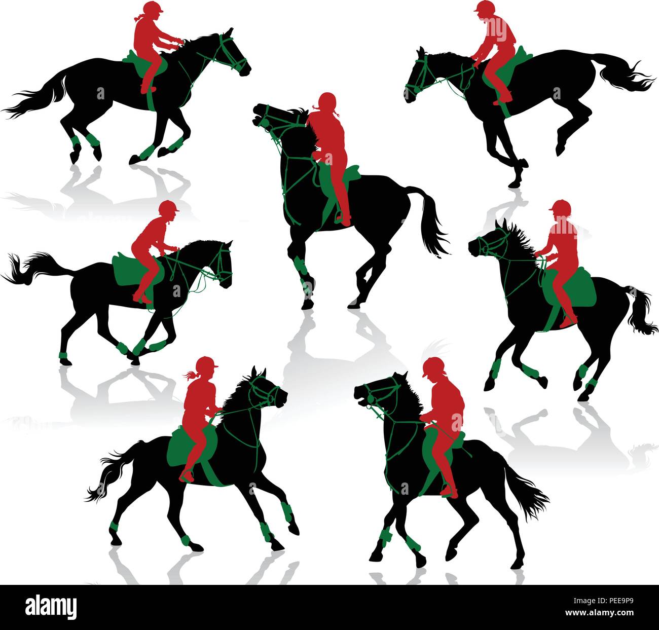 Silhouettes of equestrians on horses during competitions Stock Vector ...