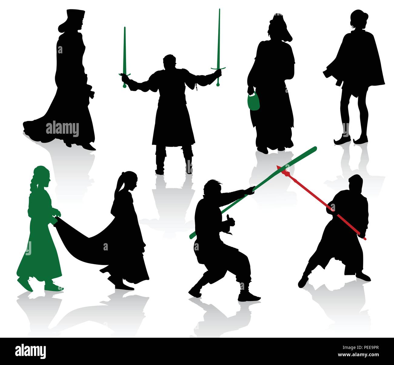 Silhouettes of people in medieval costumes. Knight, warrior, herald ...