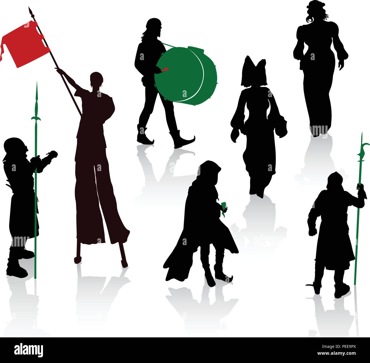 Silhouettes of people in medieval costumes. Knight, musicians, juggler ...