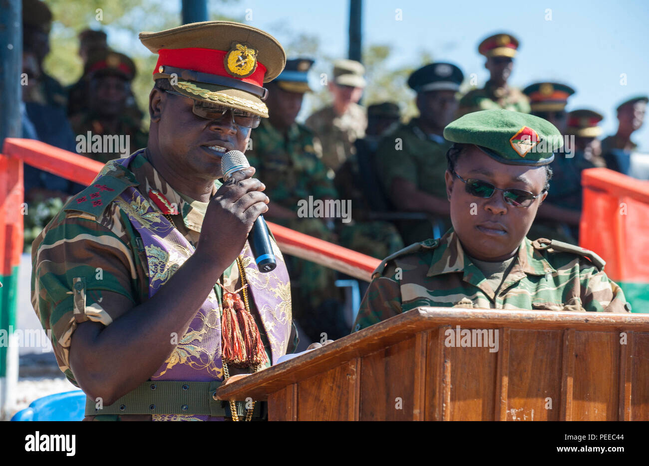 A Zambian Defense Force chaplain speaks to a crowd during the opening ...