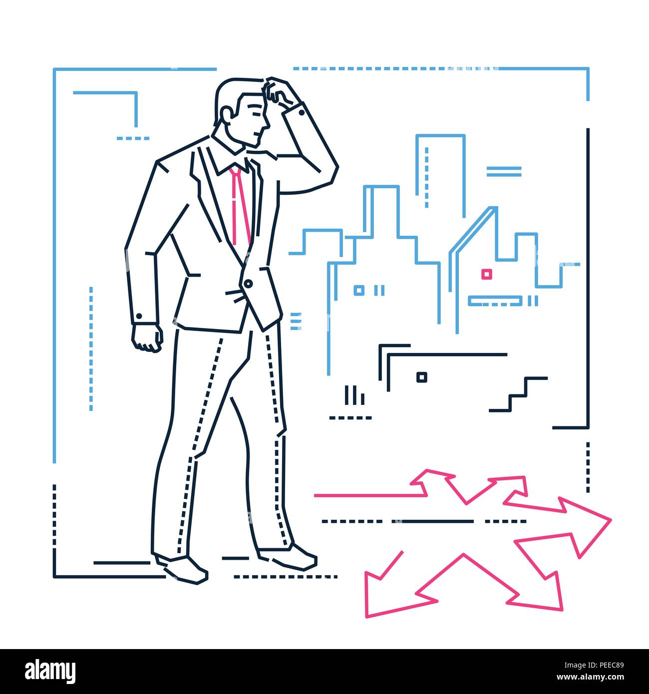 Businessman hesitating - line design style isolated illustration on ...