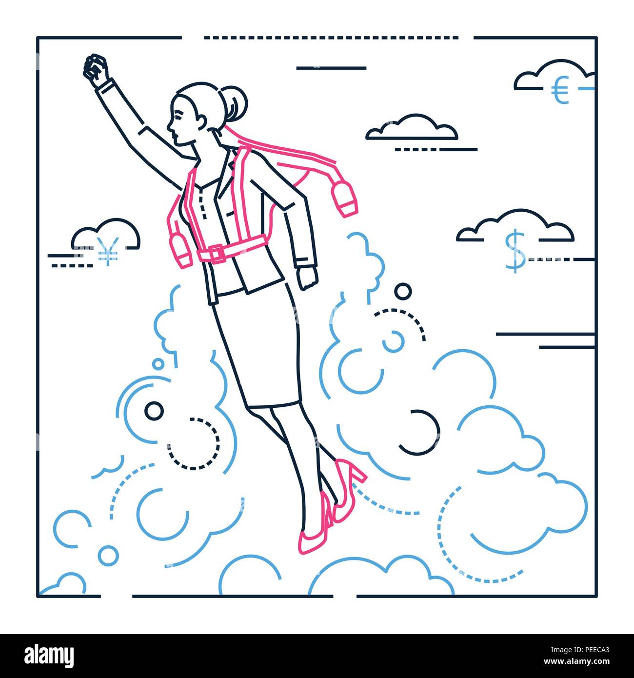 Businesswoman flying with a jetpack - line design style illustration on ...