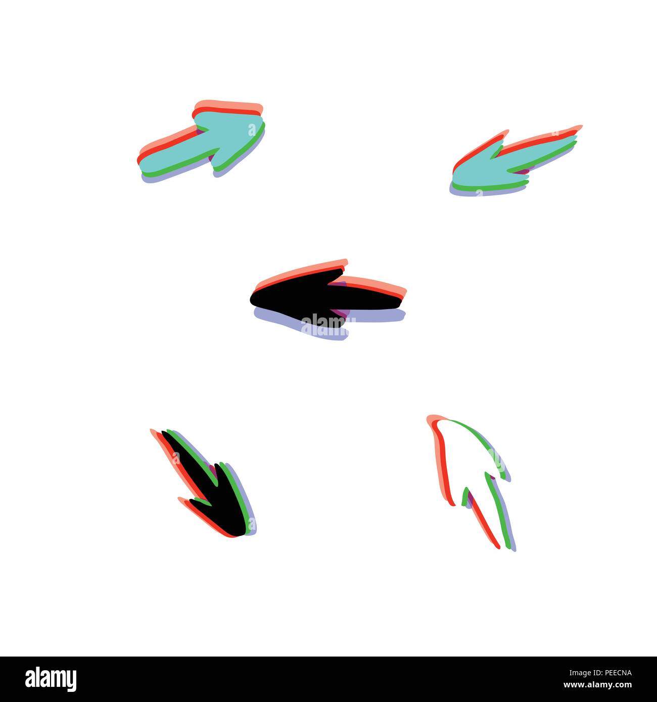 Set of hand drawn arrows. Distorted glitch and chromatic aberration ...
