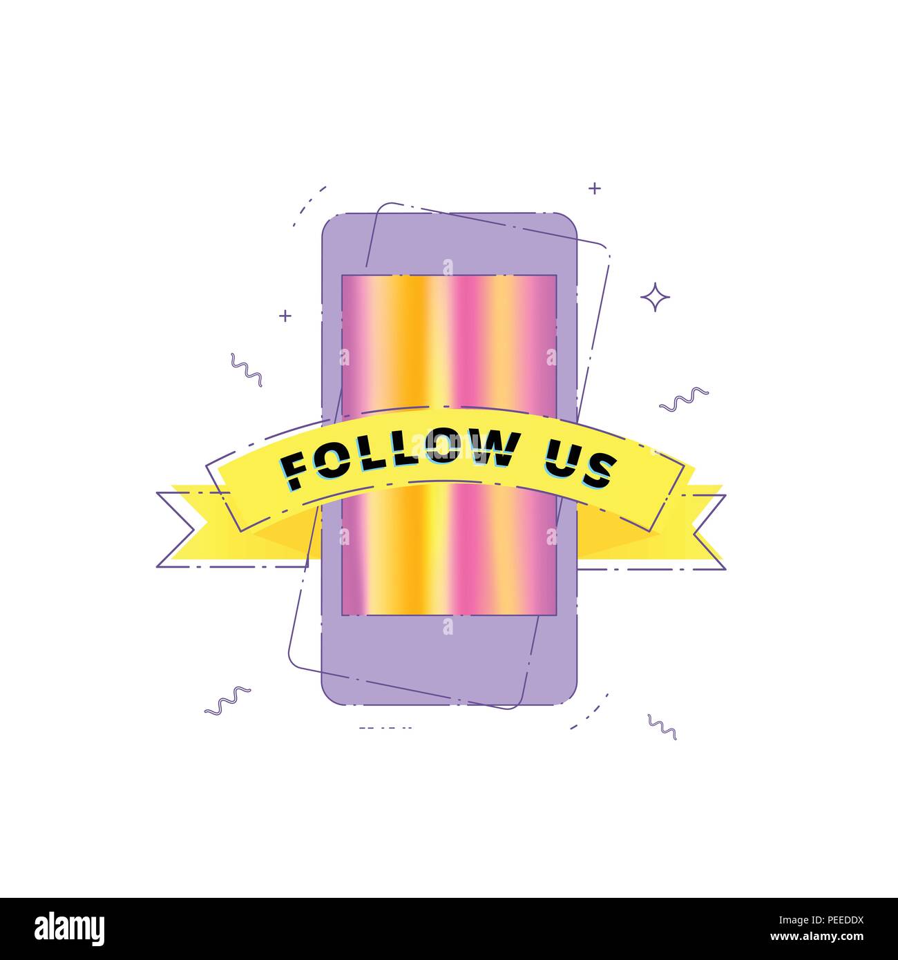 Follow us phrase with holographic phone screen and ribbon. Vector ...