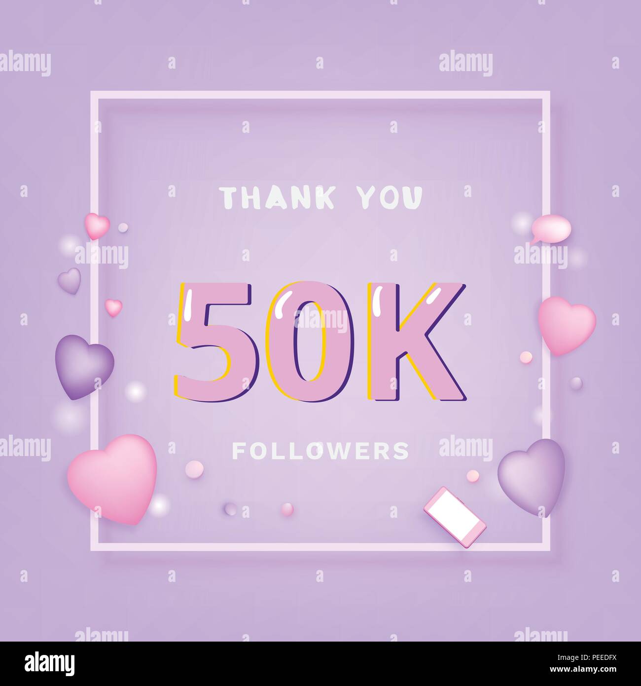 50K Followers thank you banner with frame and hearts. Template for ...