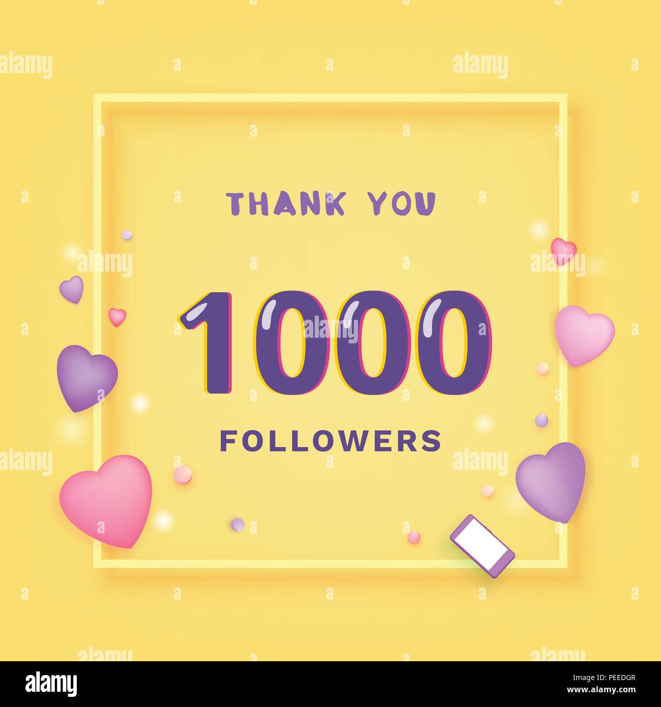 1000 Followers thank you yellow square banner with frame and hearts ...