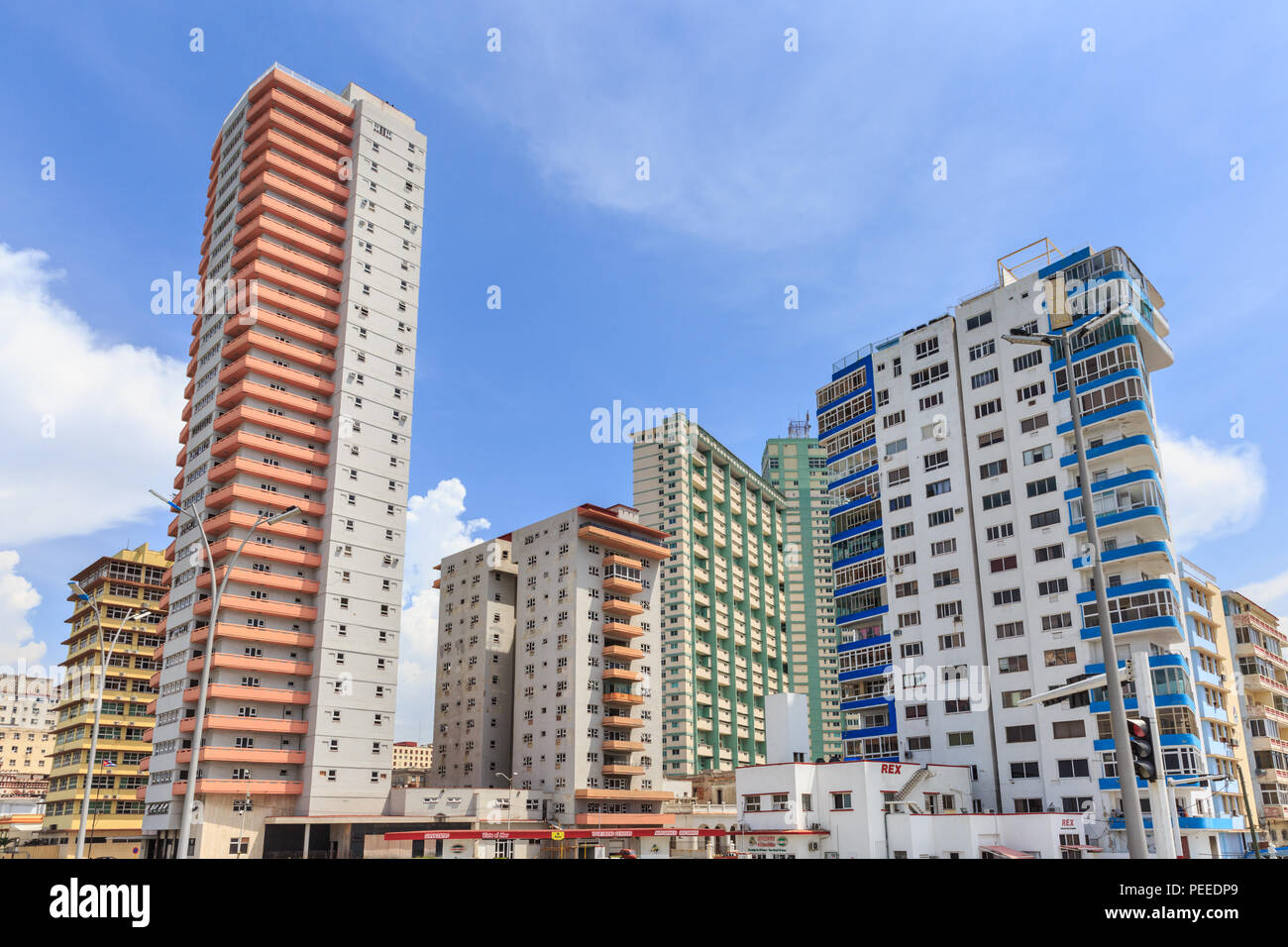 Pastel coloured modern tall buildings, tower blocks and residential ...