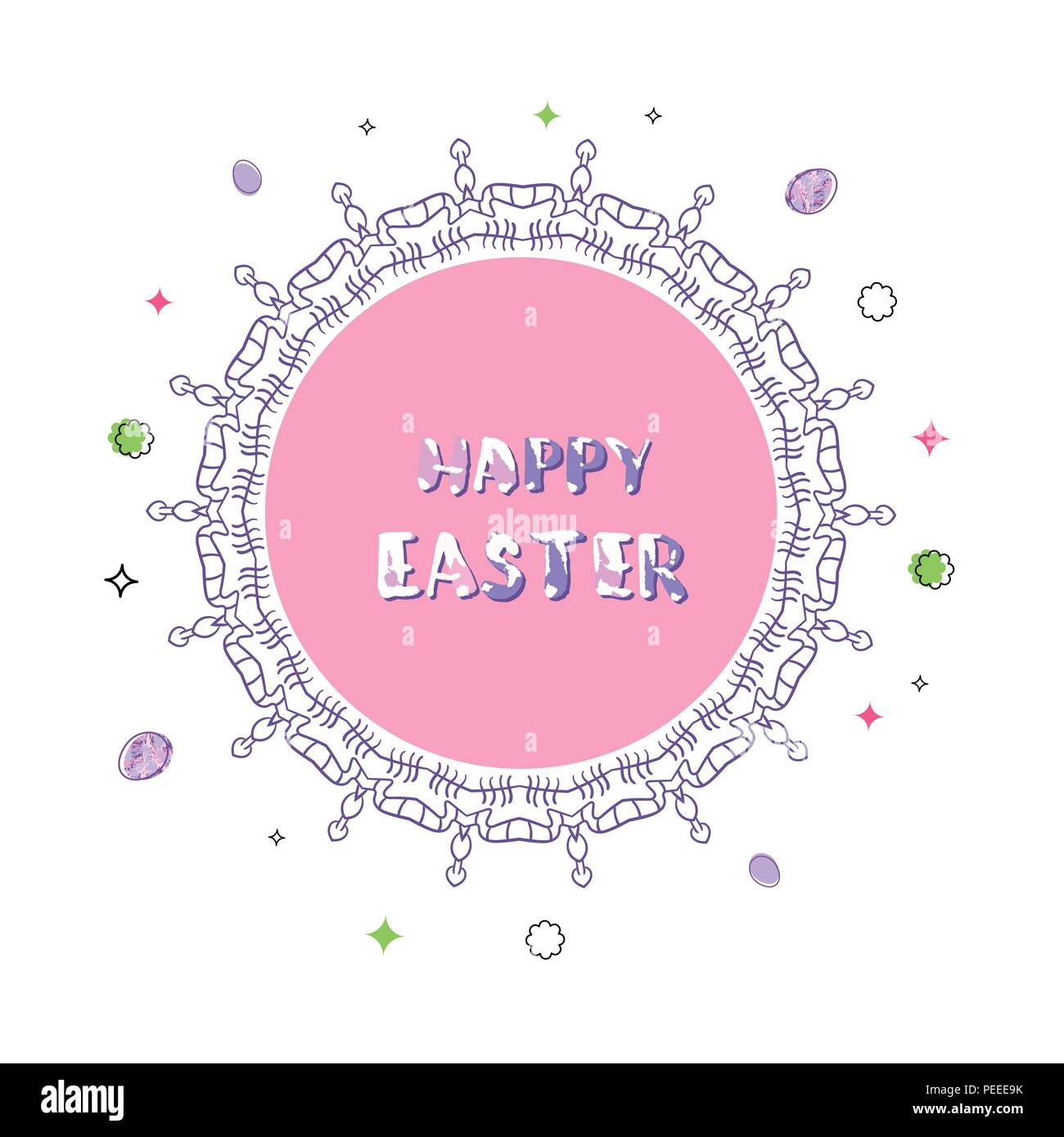 Happy Easter flat round banner. Handwritten lettering with decorative ...