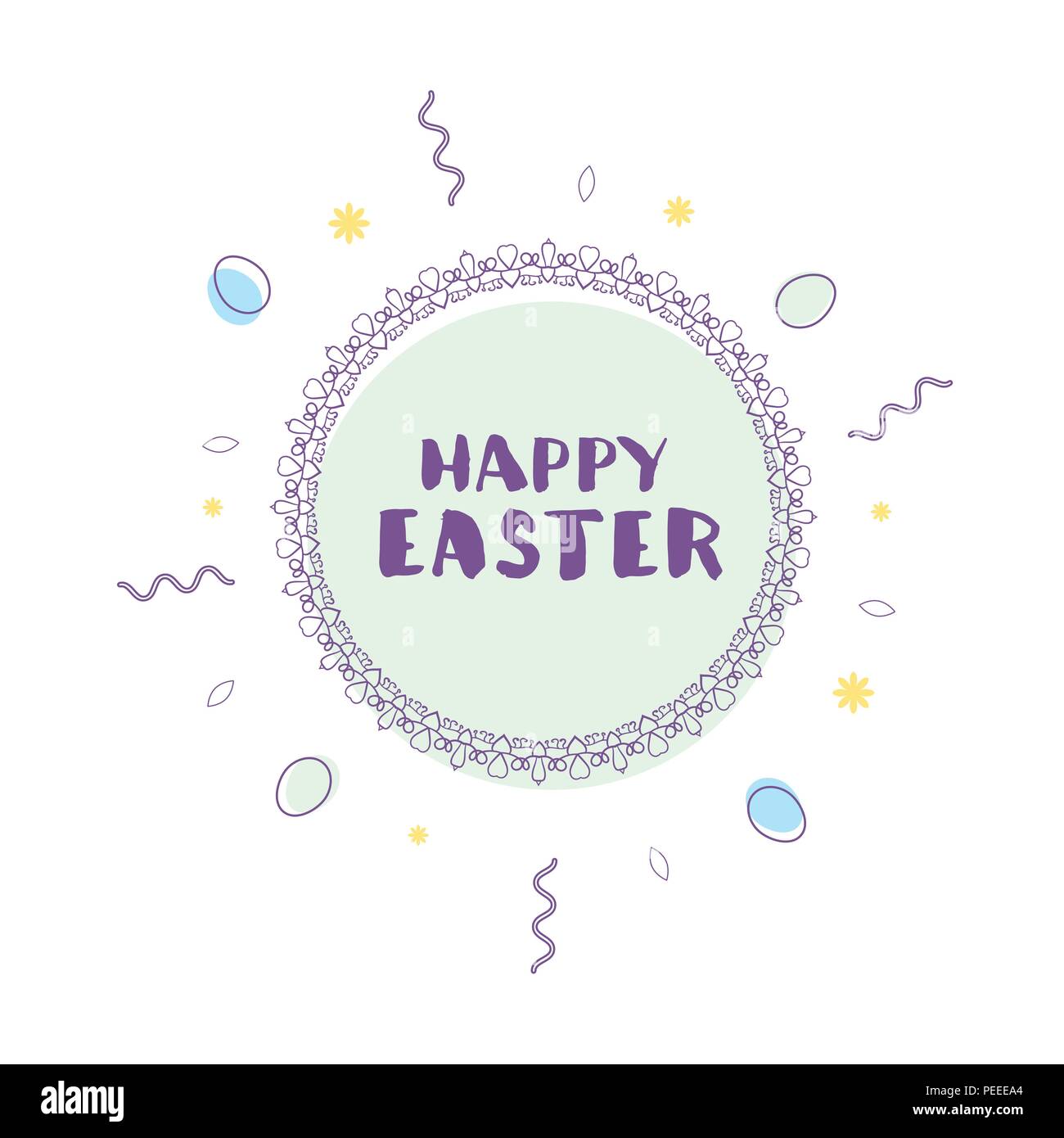 Happy Easter round flat banner. Handwritten lettering with decorative ...