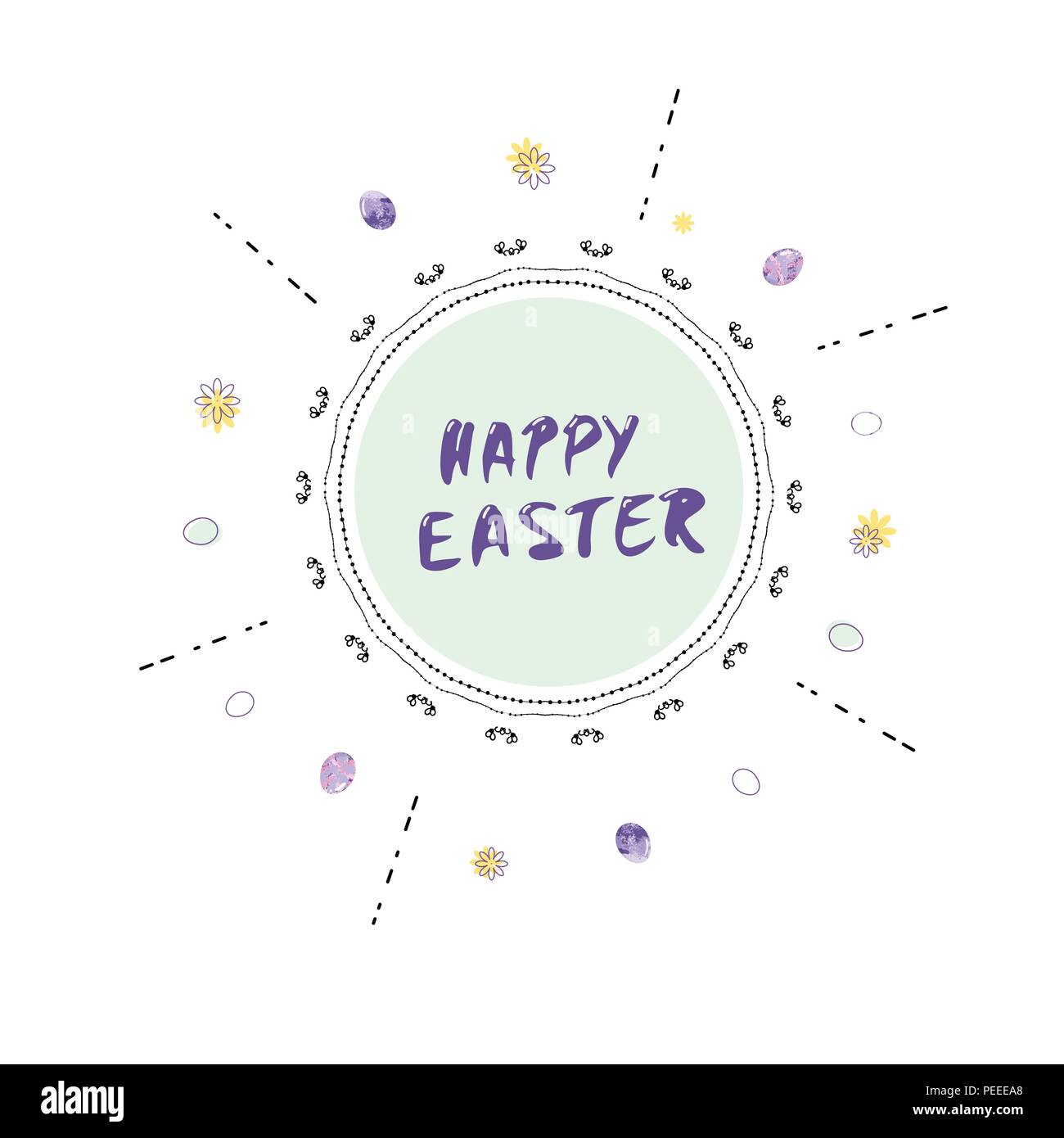 Happy Easter round banner. Handwritten lettering with decorative frame ...