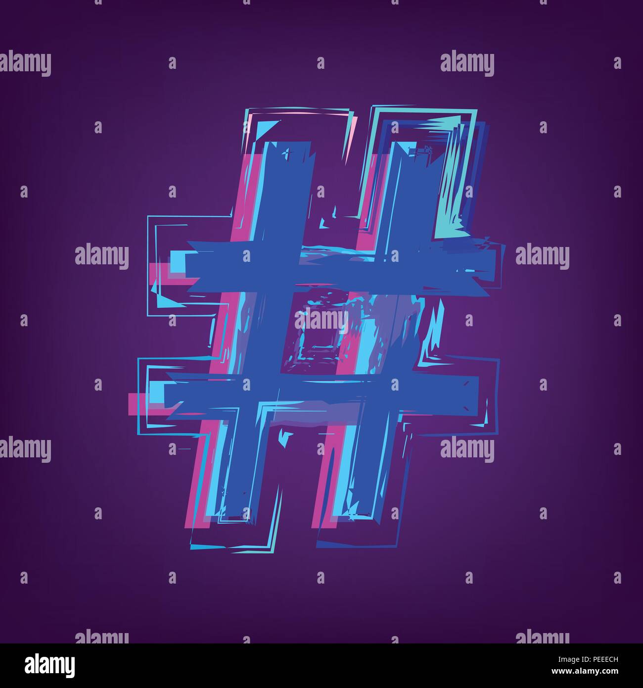 Hashtag sign isolated. Glitch chromatic aberration trendy effect ...