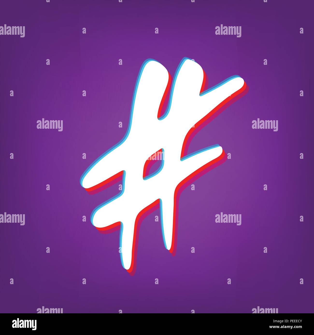 Hand drawn Hashtag sign isolated. Glitch chromatic aberration trendy ...