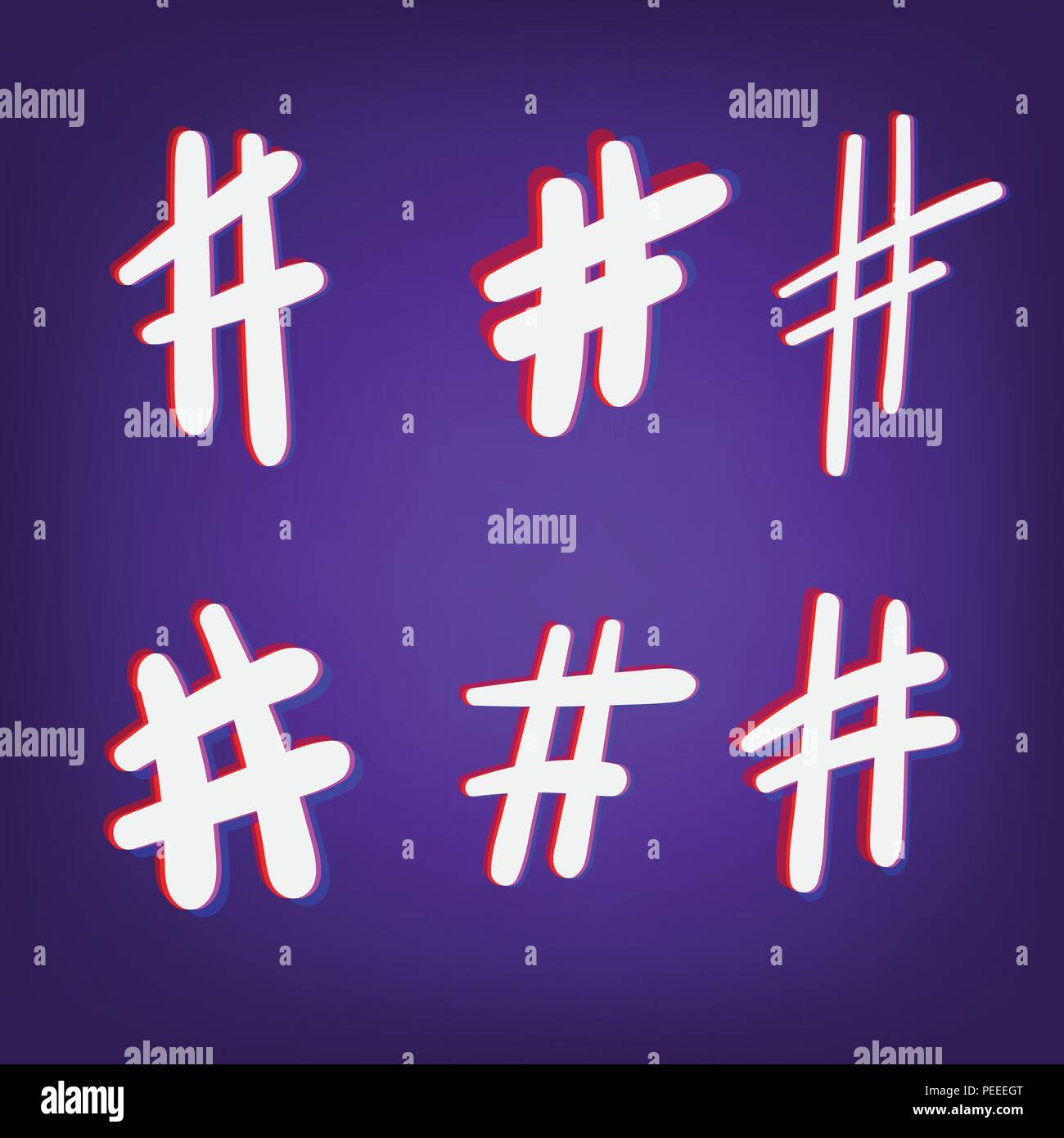 Hashtag signs. Set of Number symbols. Glitch chromatic aberration ...