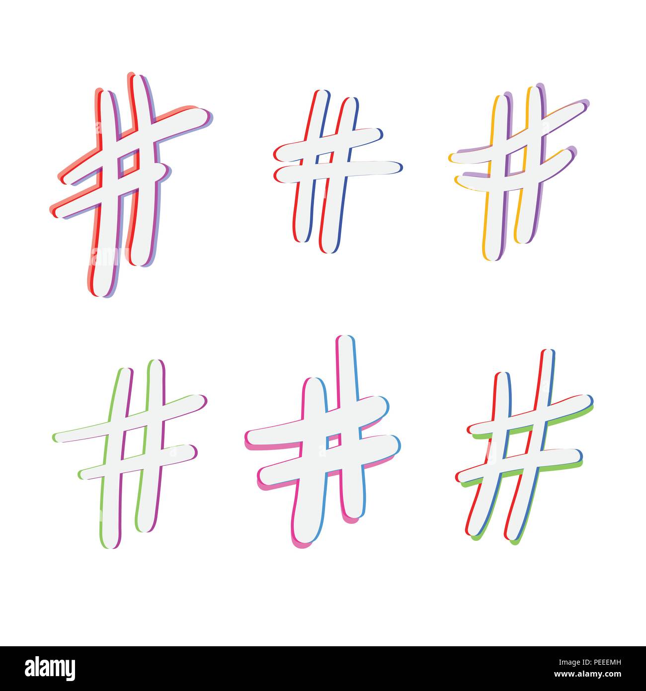 Set of Hand drawn Hashtag signs isolated. Number symbol. Glitch ...