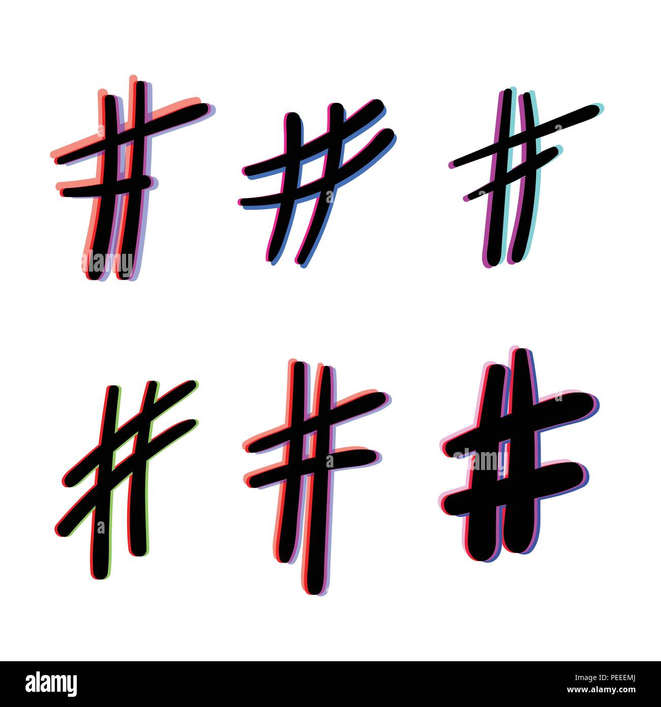 Set of Hand drawn Hashtags. Number symbols. Glitch chromatic aberration ...