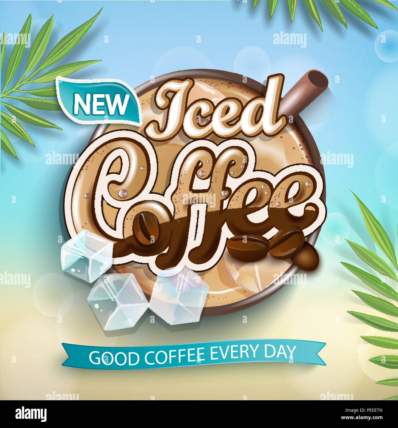Label of iced coffee with iced cubes and coffee beans on tropical ...