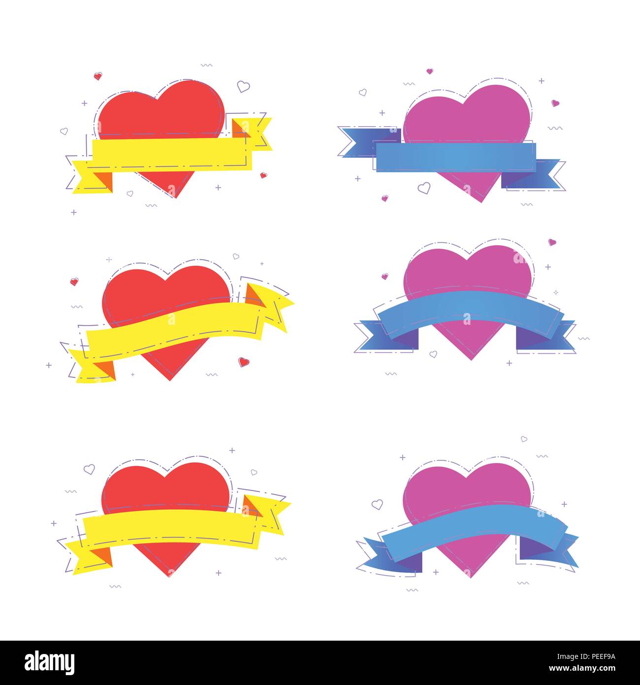 Set of heart badges with ribbon isolated on white background. Vector ...