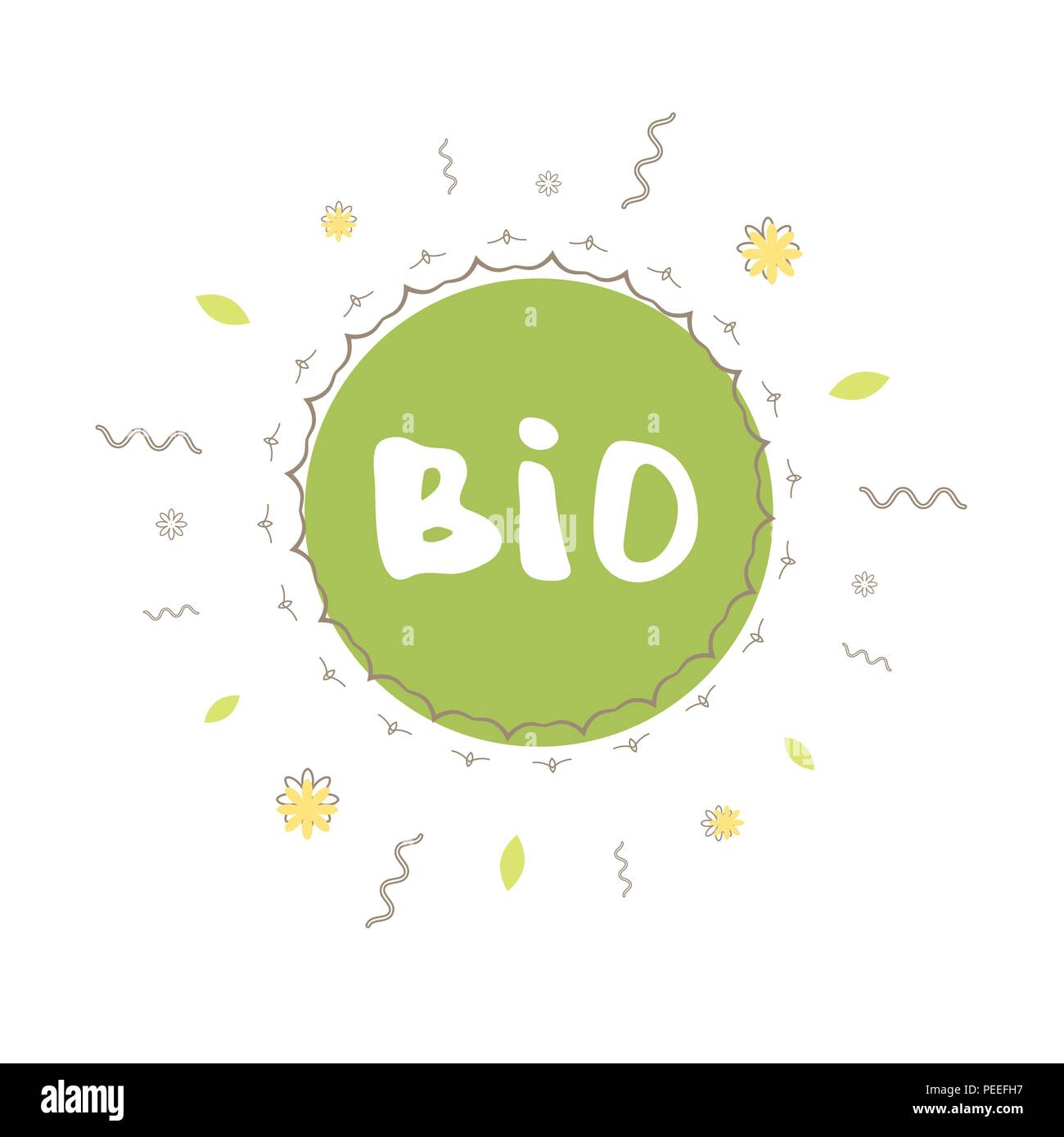 Bio hand drawn round banner. Handwritten lettering isolated on white ...