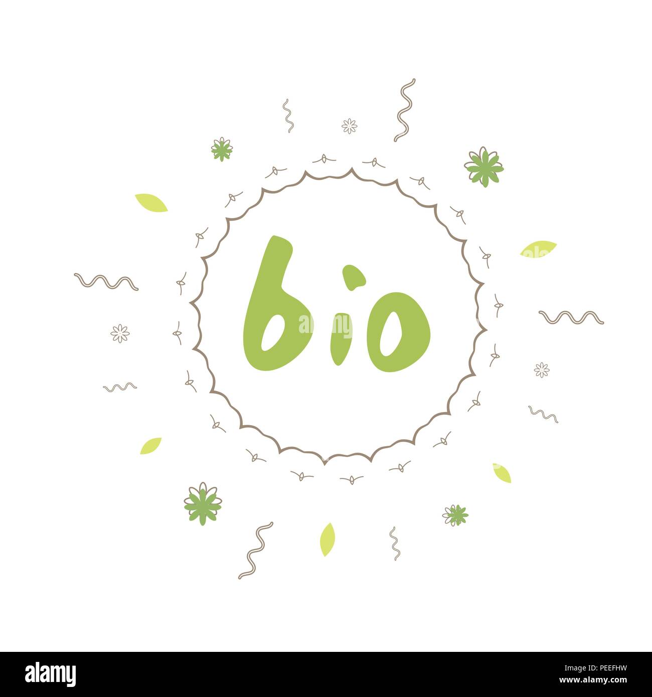 Bio round banner with random decorative shapes and frame. Handwritten ...