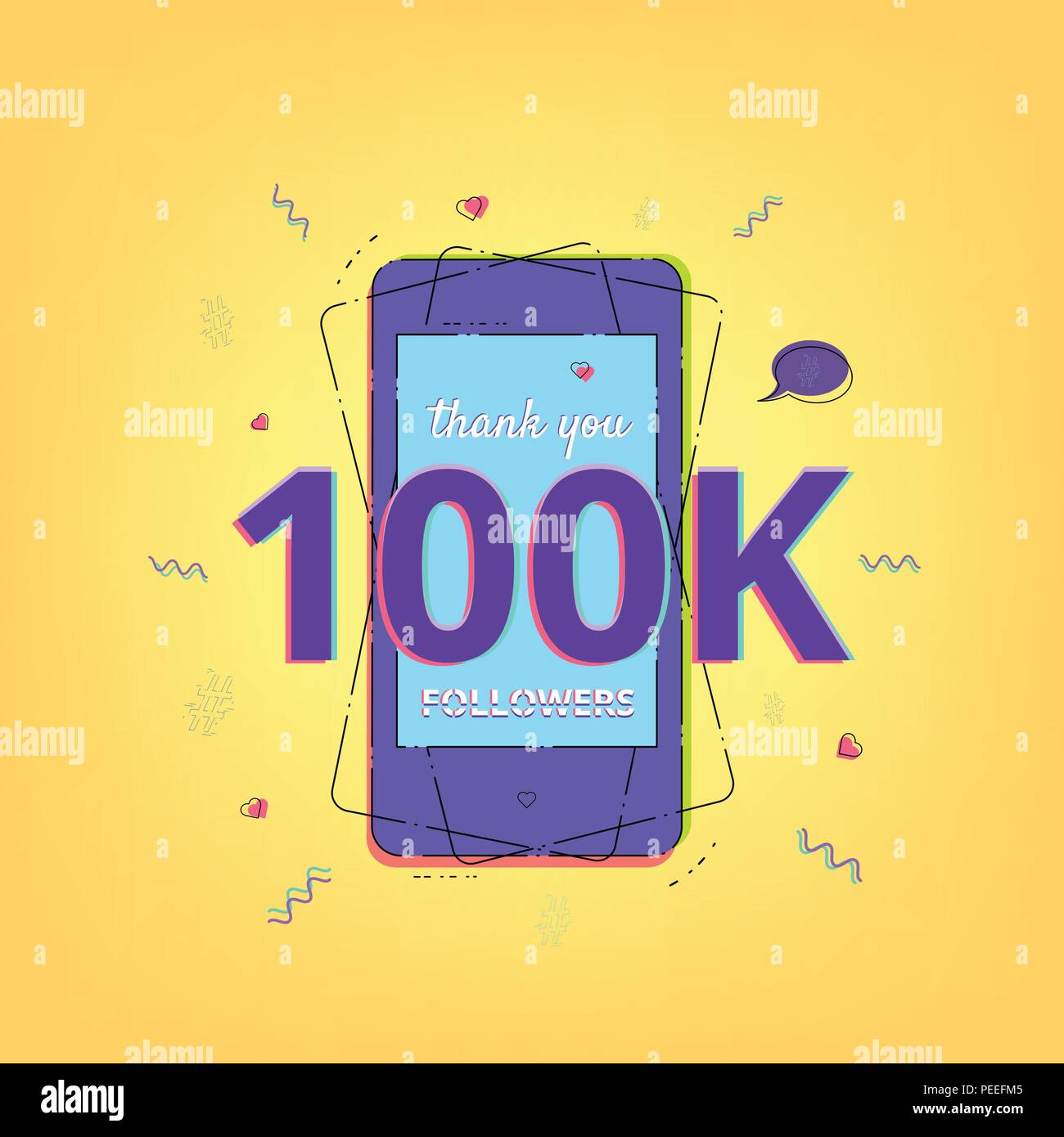 Thank you 100K followers vivid card with phone. Memphis style. Template ...