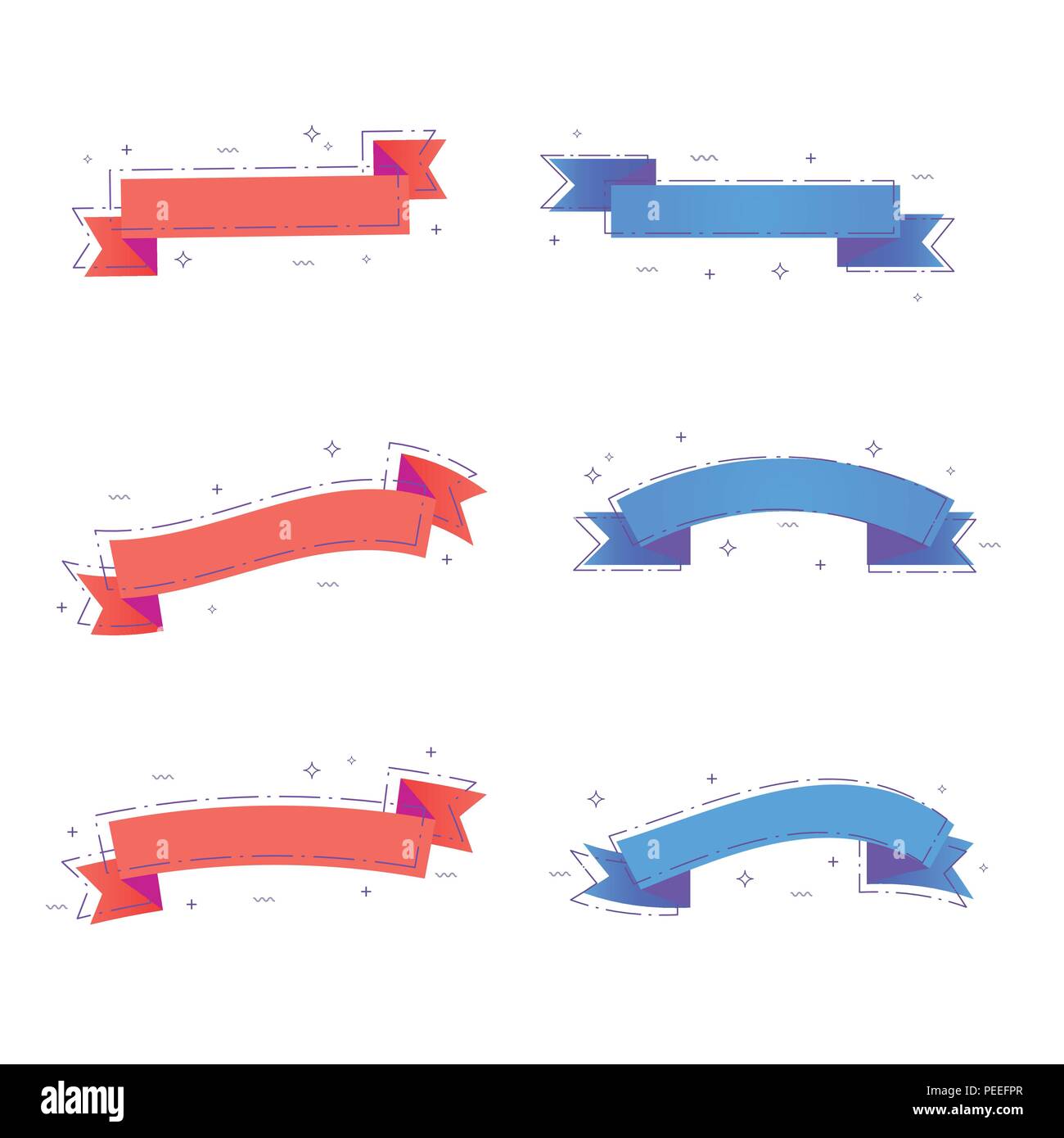 Set of ribbons with dashed lines and geometric abstract shapes isolated ...