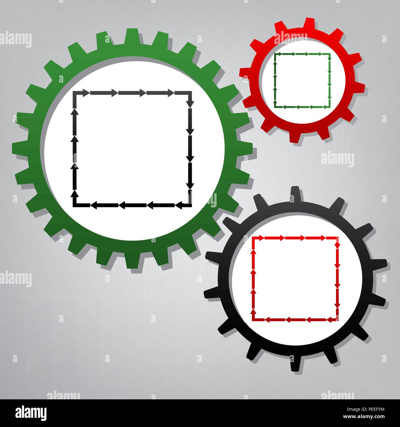Arrow on a square shape. Vector. Three connected gears with icons at grayish background Stock ...