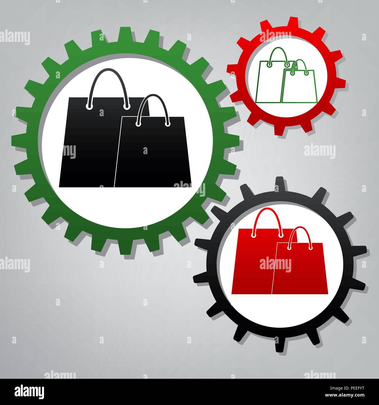 Shopping bags sign. Vector. Three connected gears with icons at grayish ...