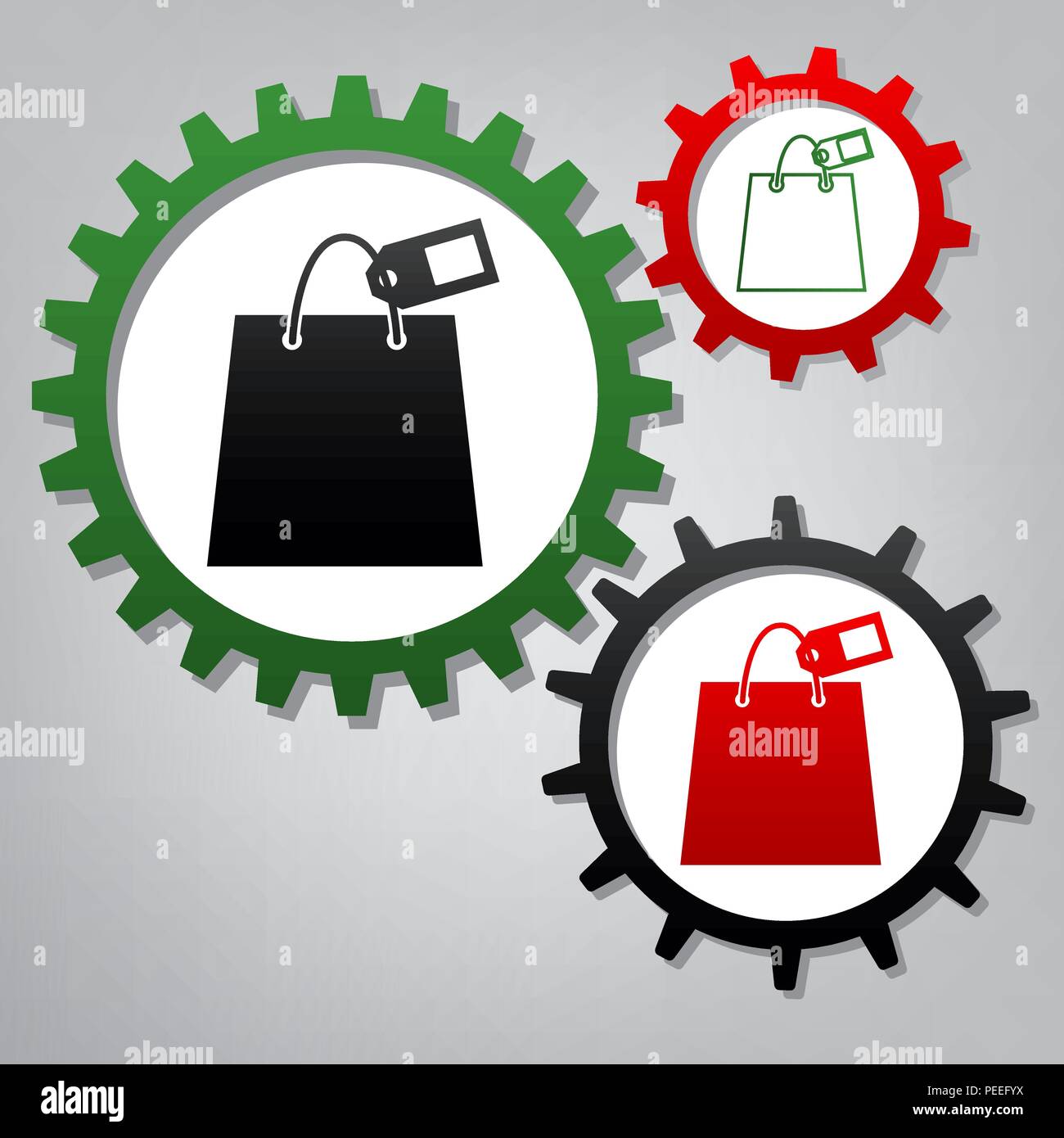Shopping bag sign with tag. Vector. Three connected gears with icons at ...