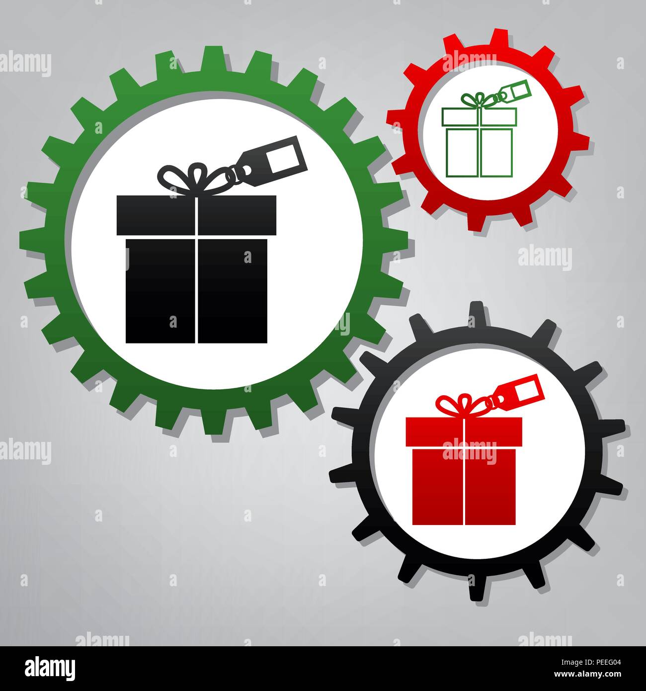 Gift sign with tag. Vector. Three connected gears with icons at grayish ...