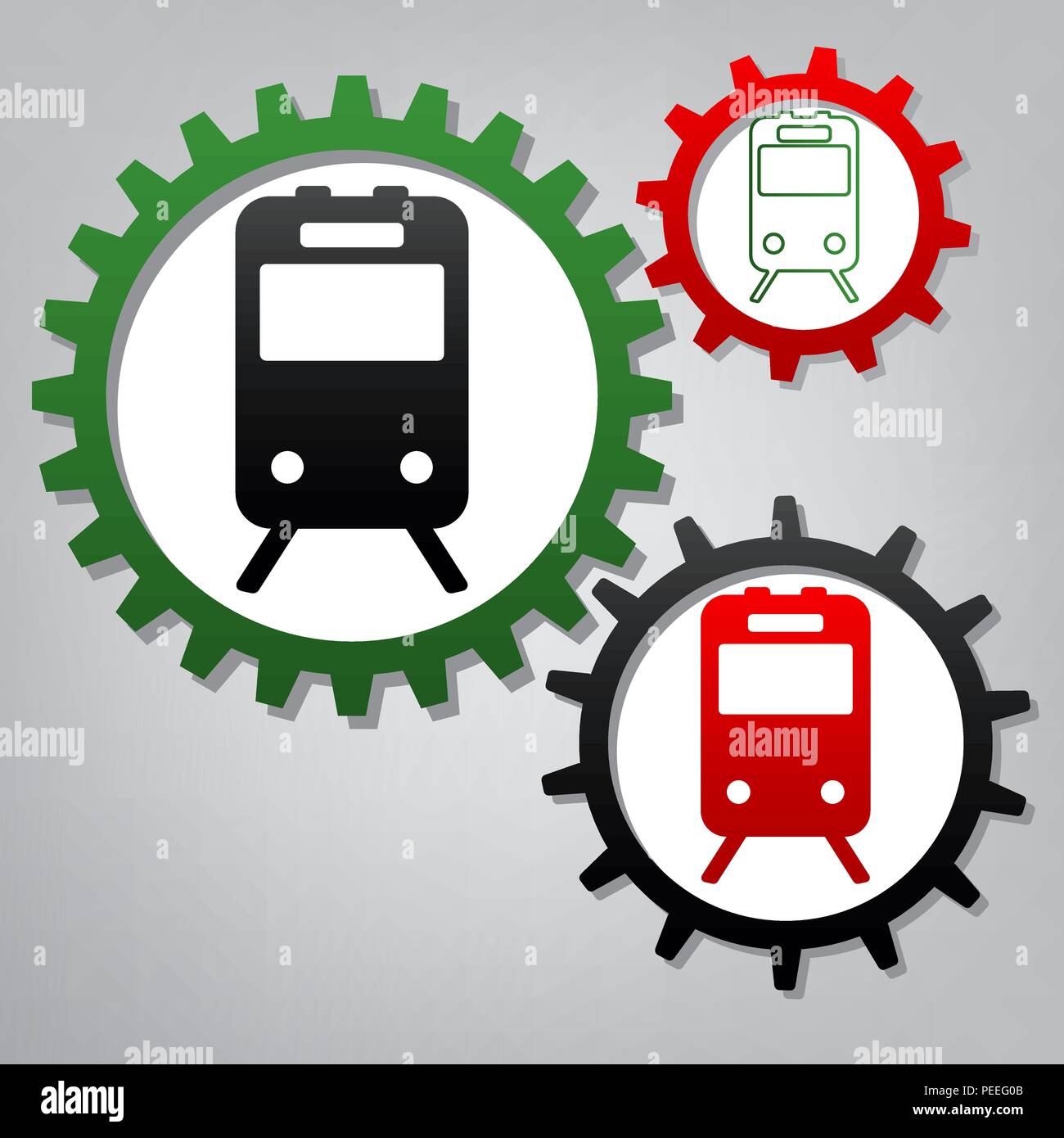 Train sign. Vector. Three connected gears with icons at grayish ...